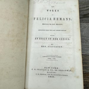 Antique Book 1849, the Work of Felicia Hemans, Volume Lll, Poetry ...