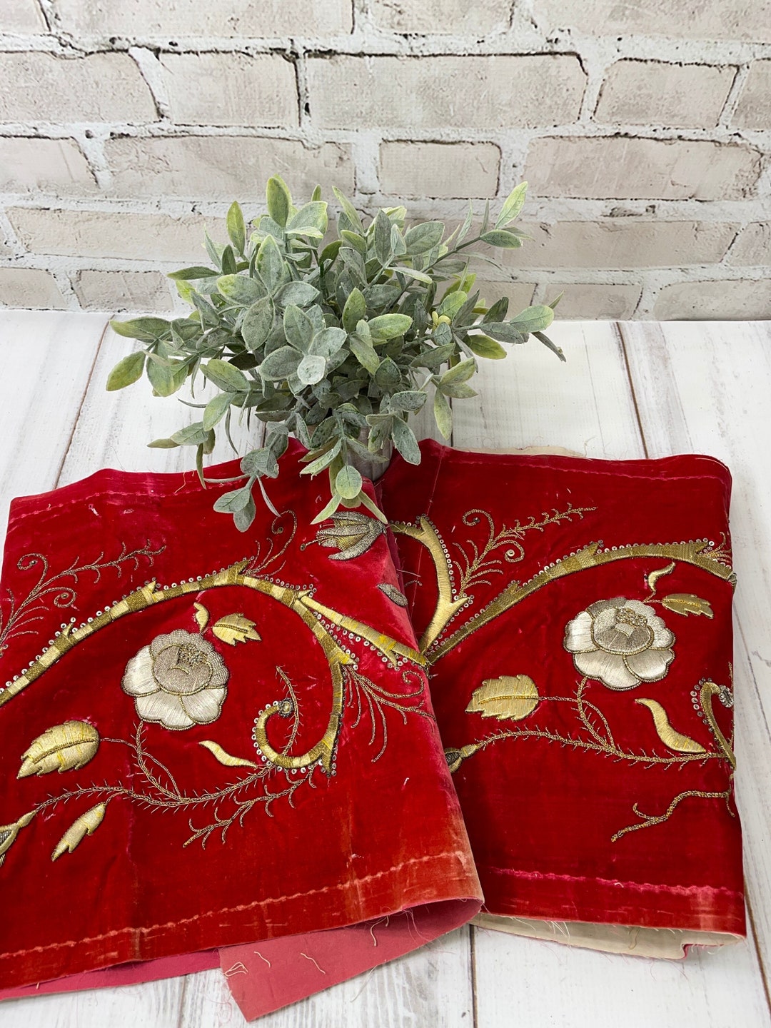 Vintage Red Velvet Fabric Remnants- Hand Stitched Gold Accented Runners ...