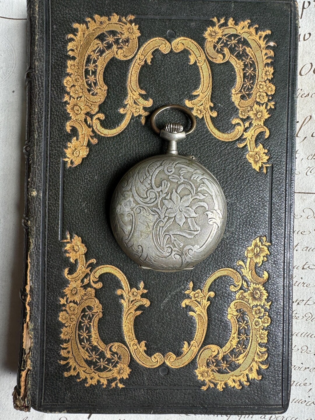 Antique French Pocket Watch in Ornate Floral Scroll Case Porcelain Face ...