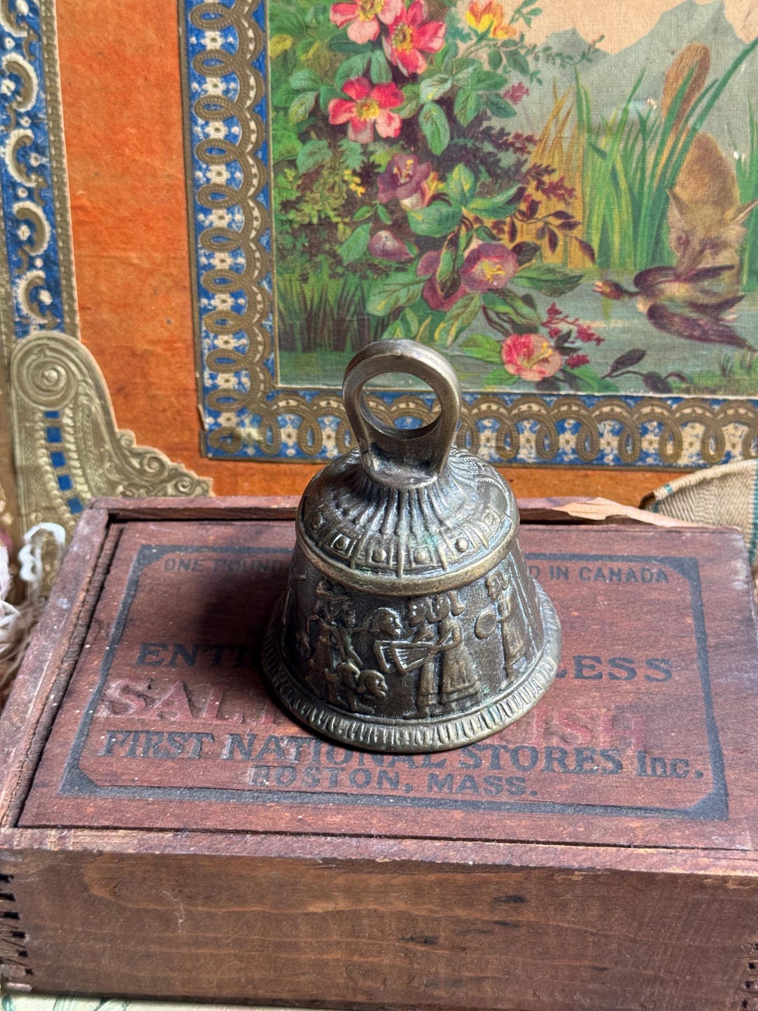 Vintage Brass Bell Embossed Hand Bell, Decorative Collectible Table ...