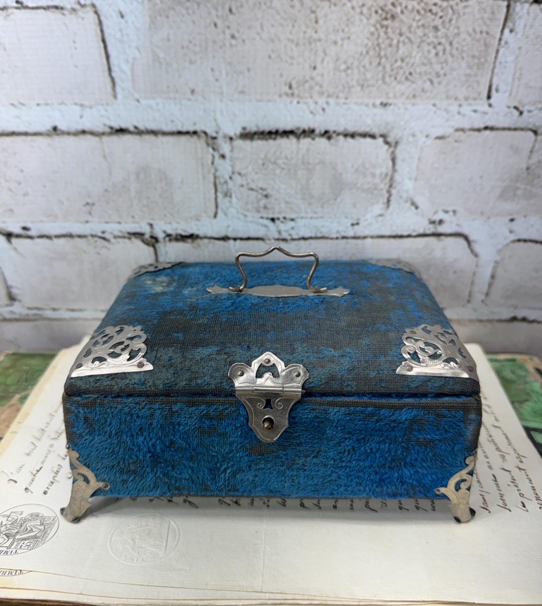 Antique French Blue Velvet Jewelry Box With Metal Trim- Pink Lined - Etsy