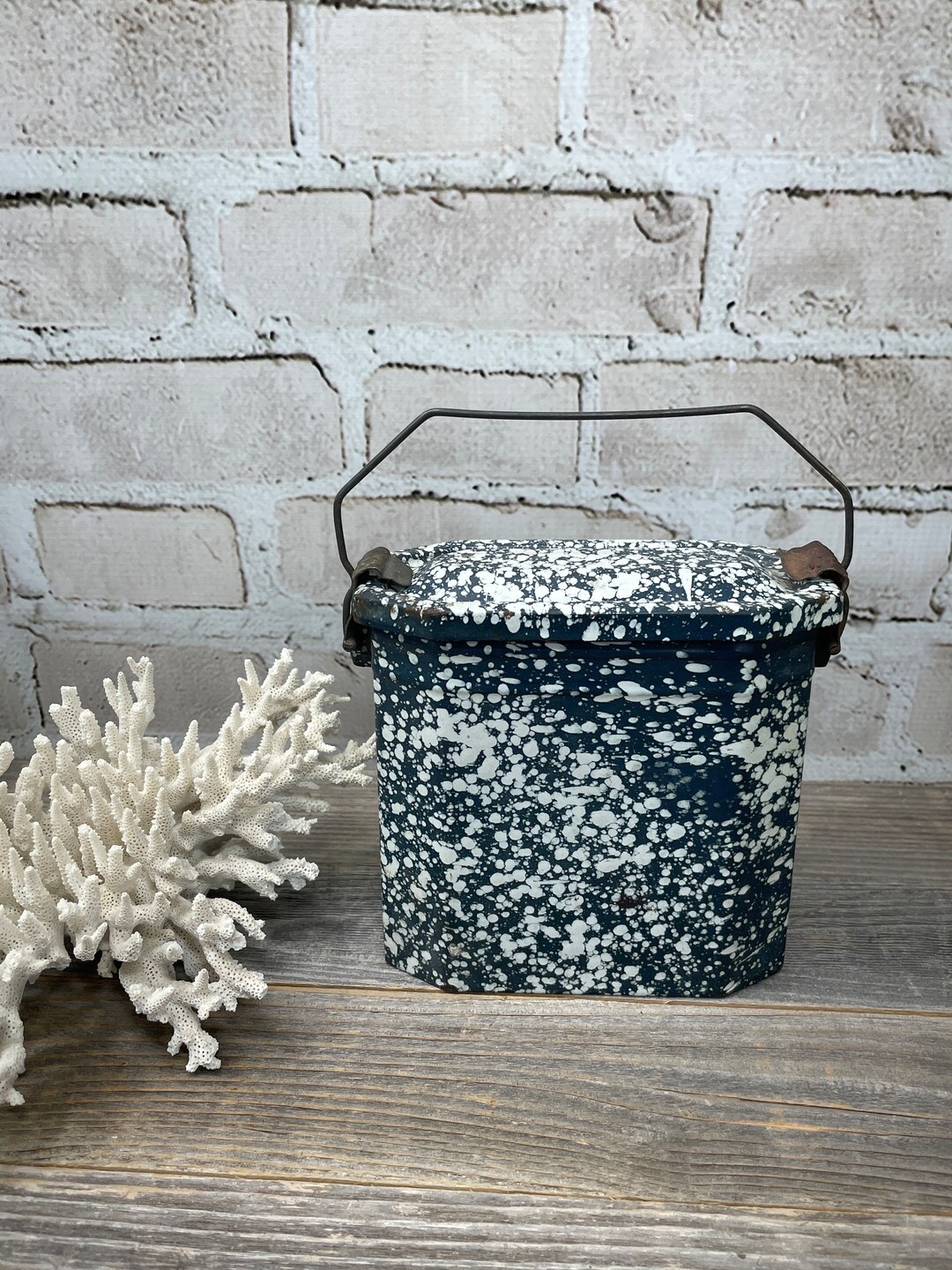 Vintage French Enamel Lunch Pail Splatter Ware With Handle Container ...