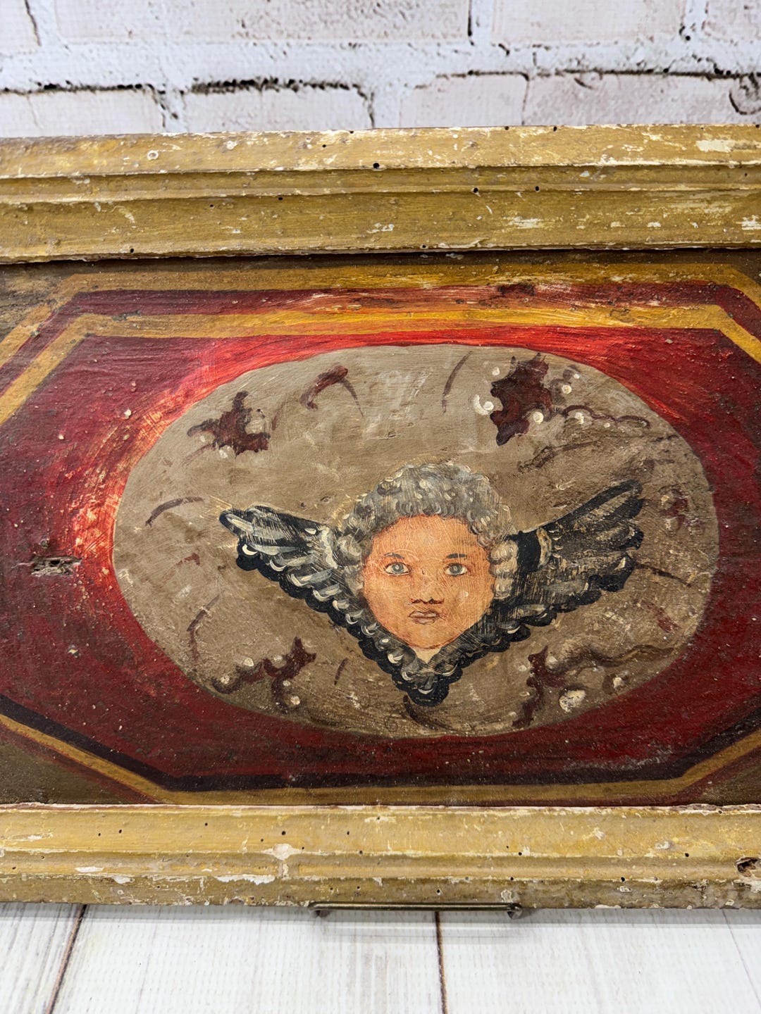 Antique French Hand Painted Angel Panel- 19th Century Religious Wood ...