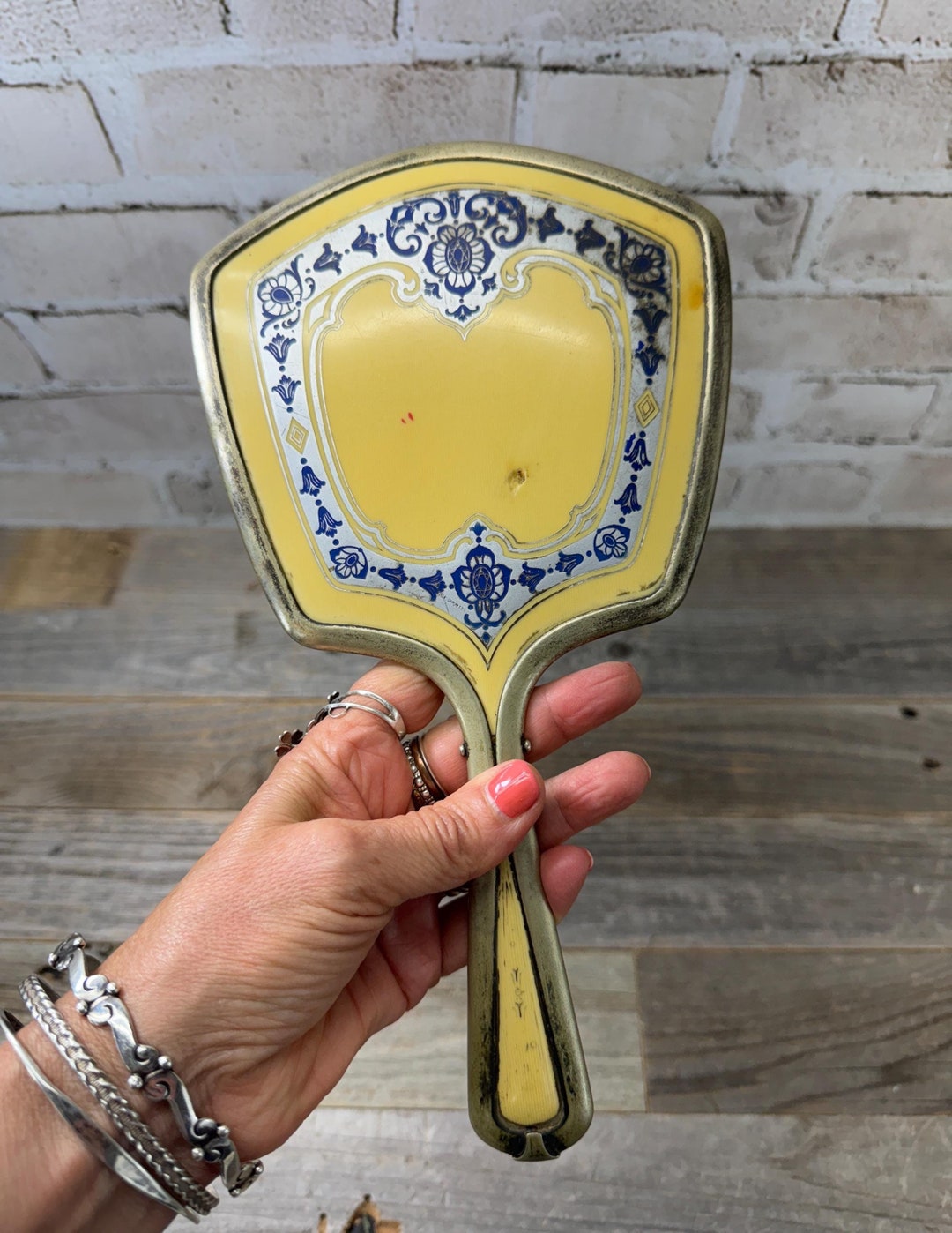 Vintage Hand Mirror Celluloid With Blue Silver Design Bathroom Powder ...