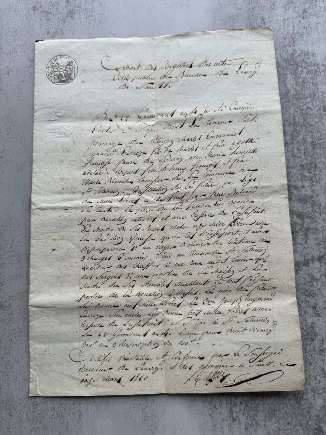 French Document Page 1810 Handwritten Paper With Fancy Script and Stamp ...