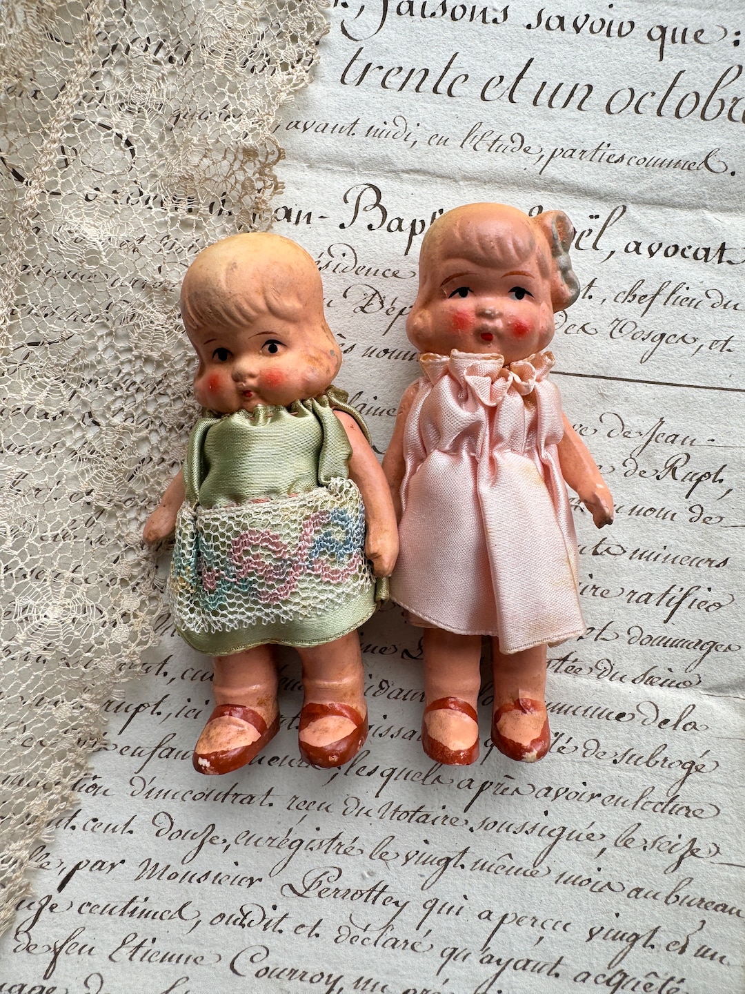 Vintage Bisque Dolls in Pastel Colored Dresses Standing Dolls Pair With ...