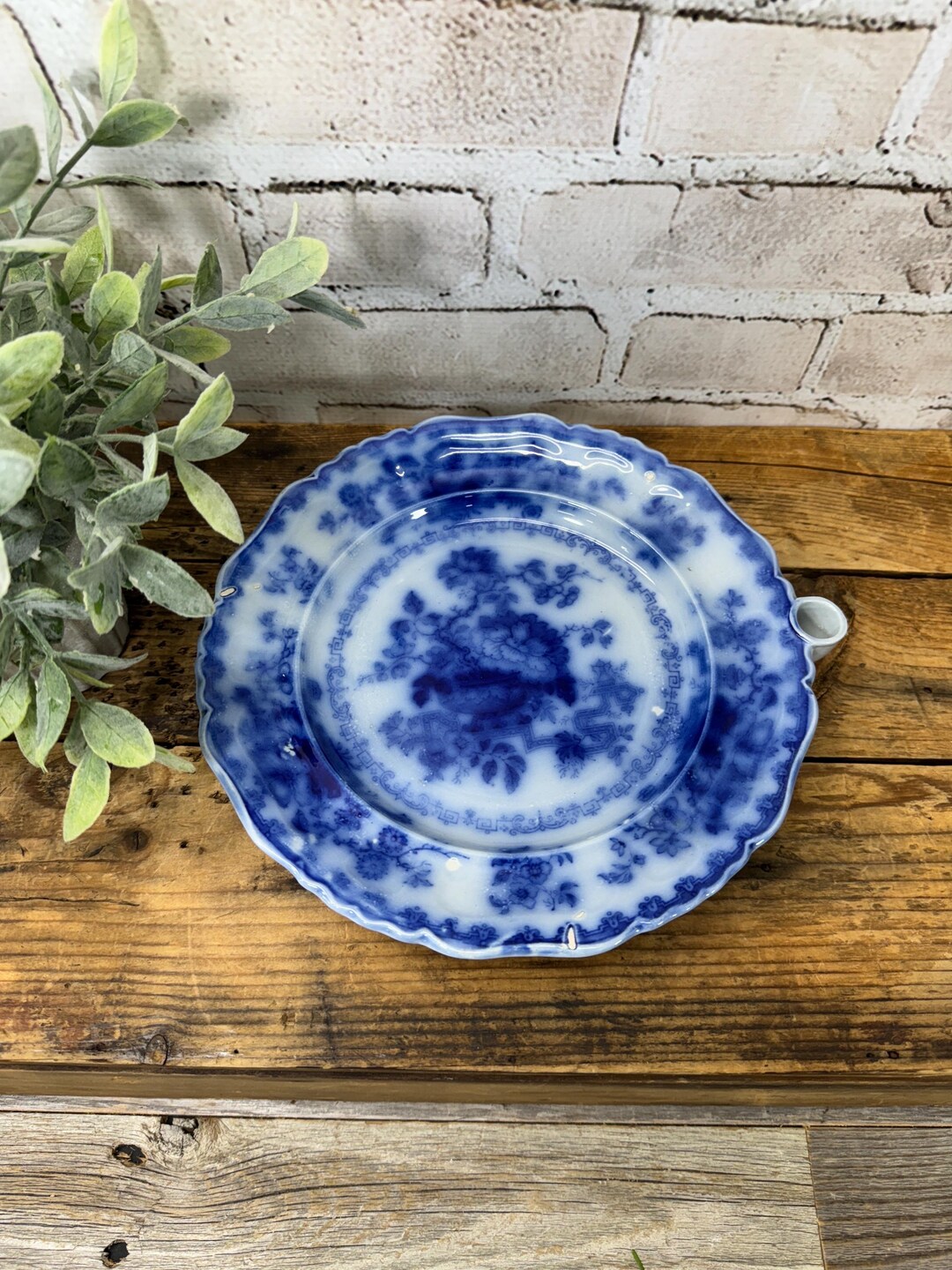 Antique Flow Blue Plate With Warming Feature- Blue and White Serving ...