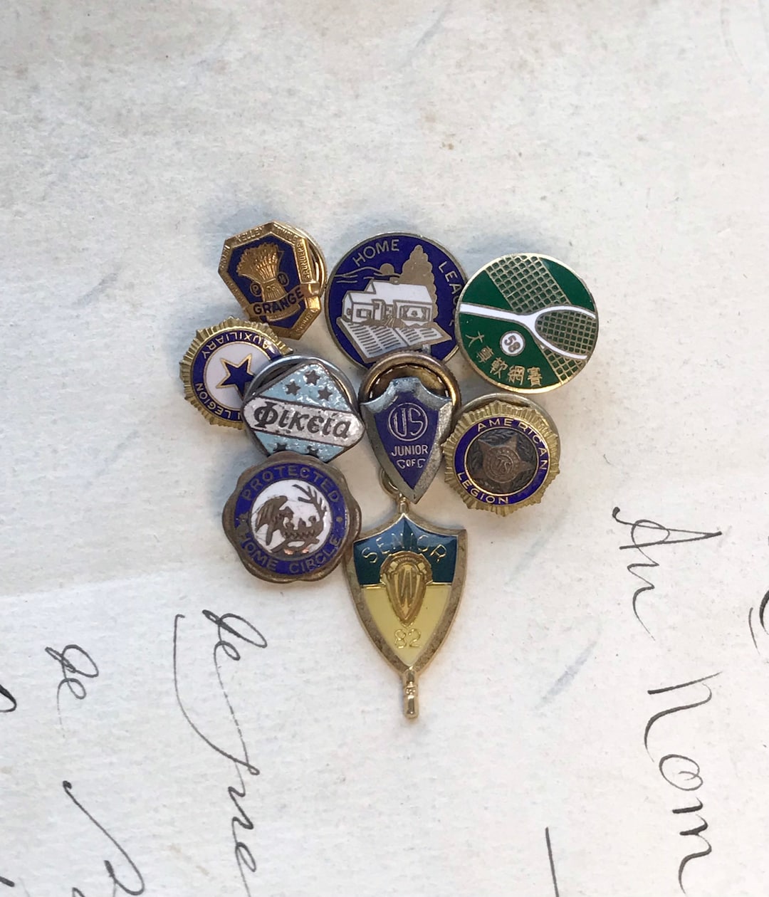 Vintage Club and School Pins (9) Enameled Blue White Gold Colors Awards ...