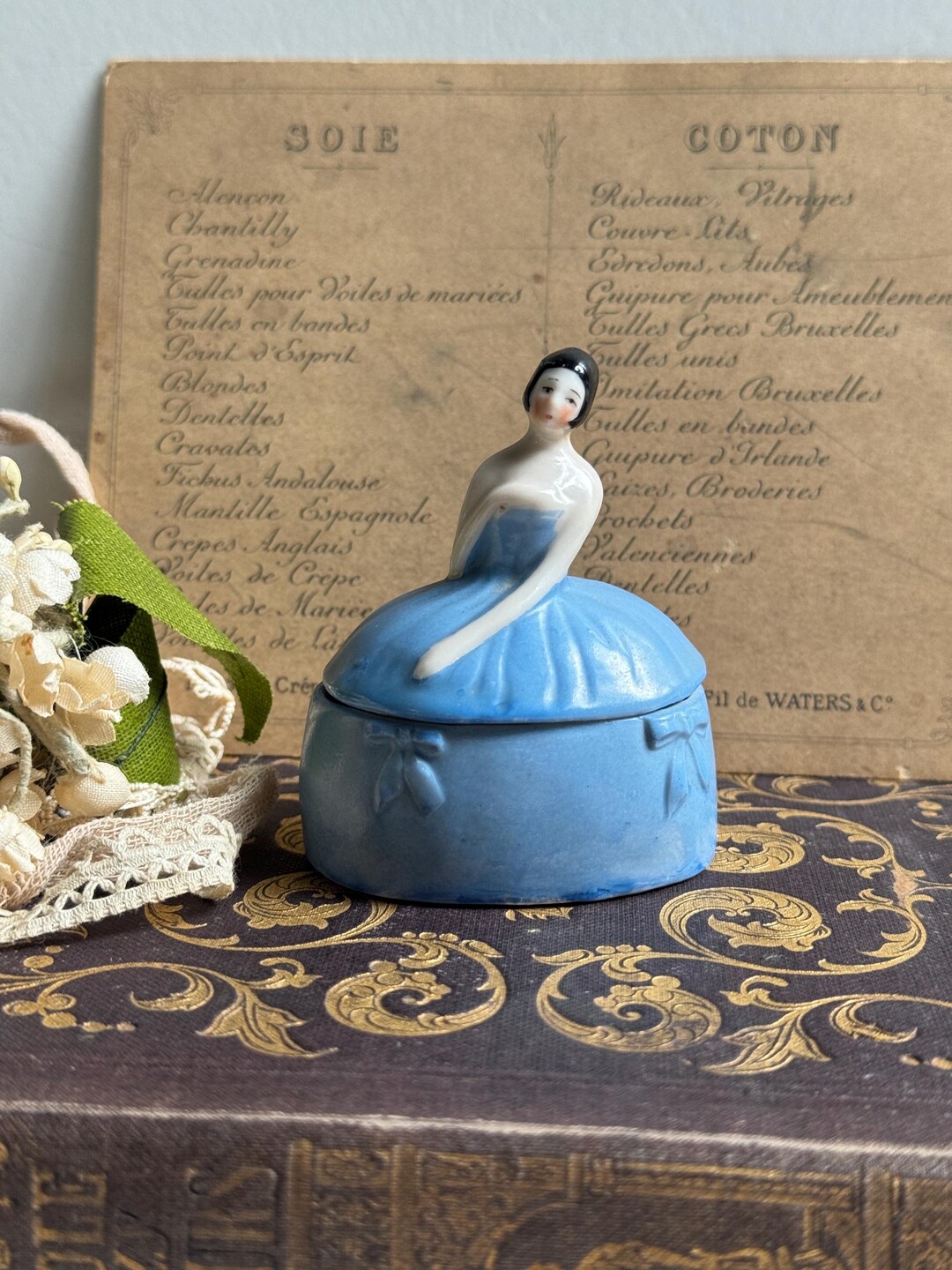 Antique German Flapper Covered Dish, Blue Vanity Container With Lady ...