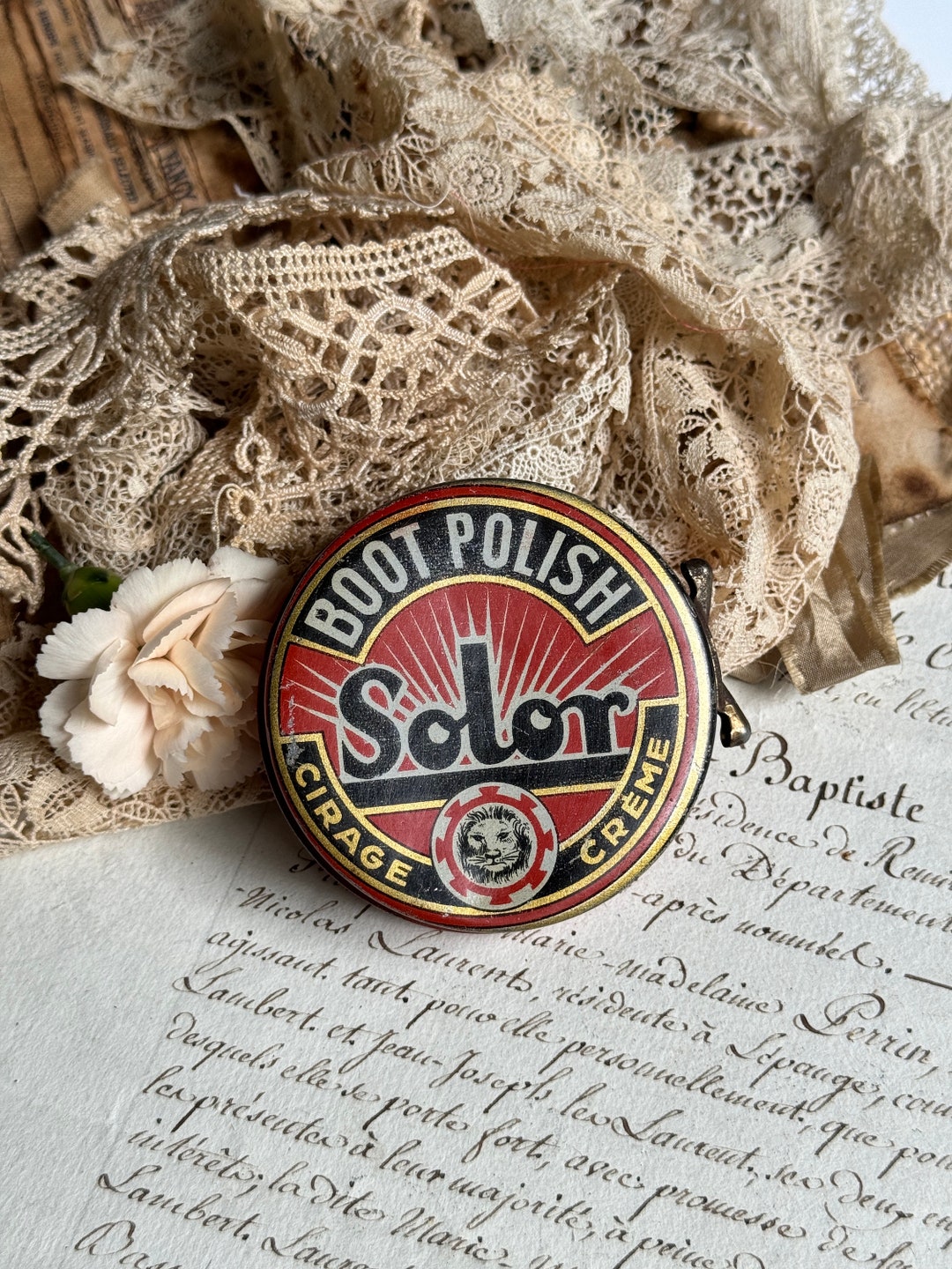 Vintage French Shoe Polish Tin- Red and Black With Graphics Boot Polish ...
