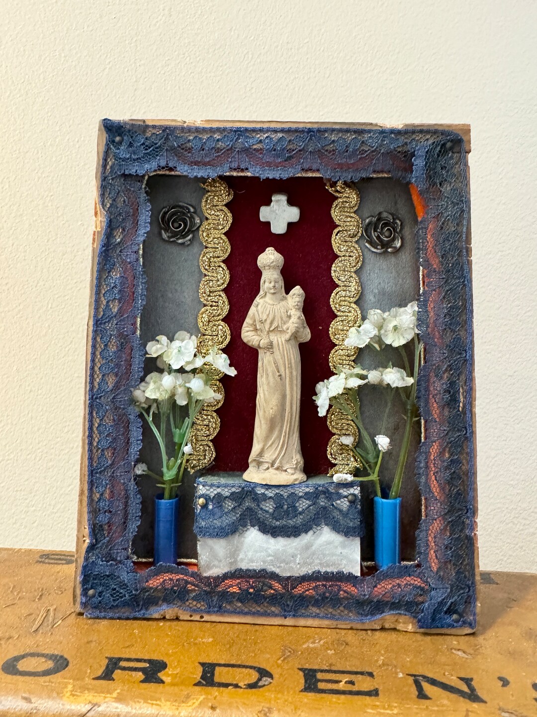 French Shrine Religious Diorama Virgin Mary Figurine in Wooden Framed ...