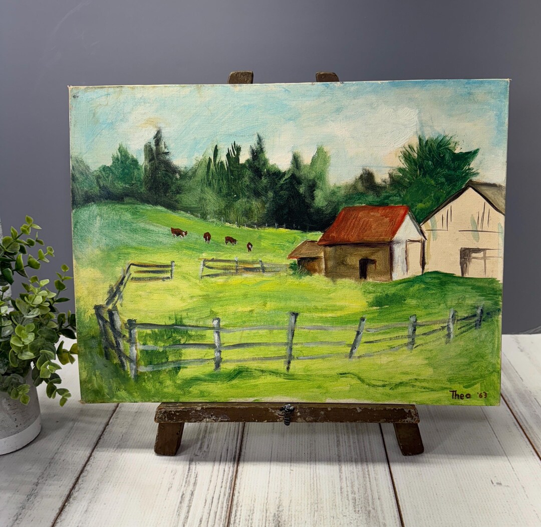 Vintage 1960's Farm Landscape Painting, Original Country Scene Oil ...