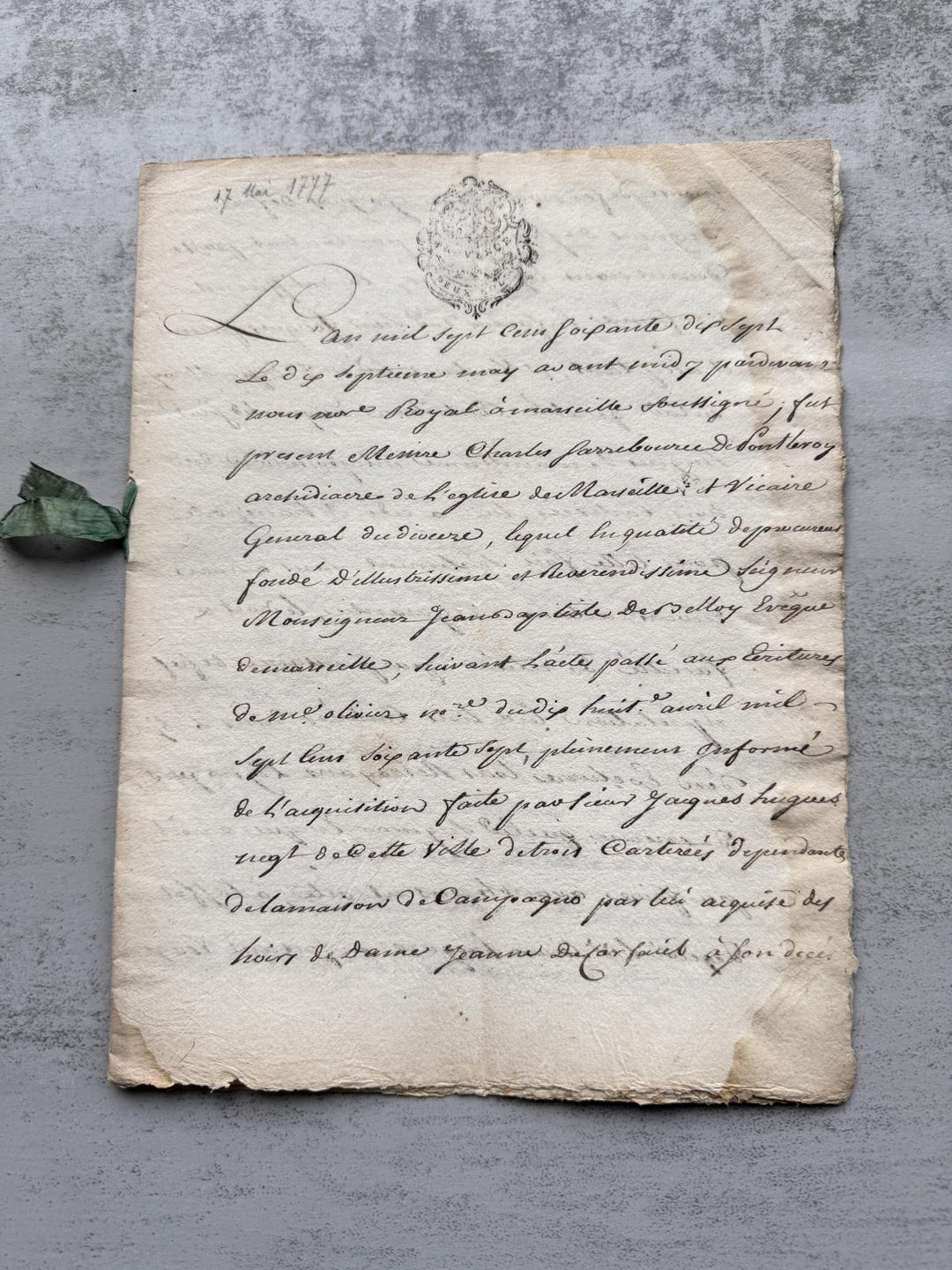 Antique 1700's French Document, Handwritten With Stamps and Teal Ribbon ...