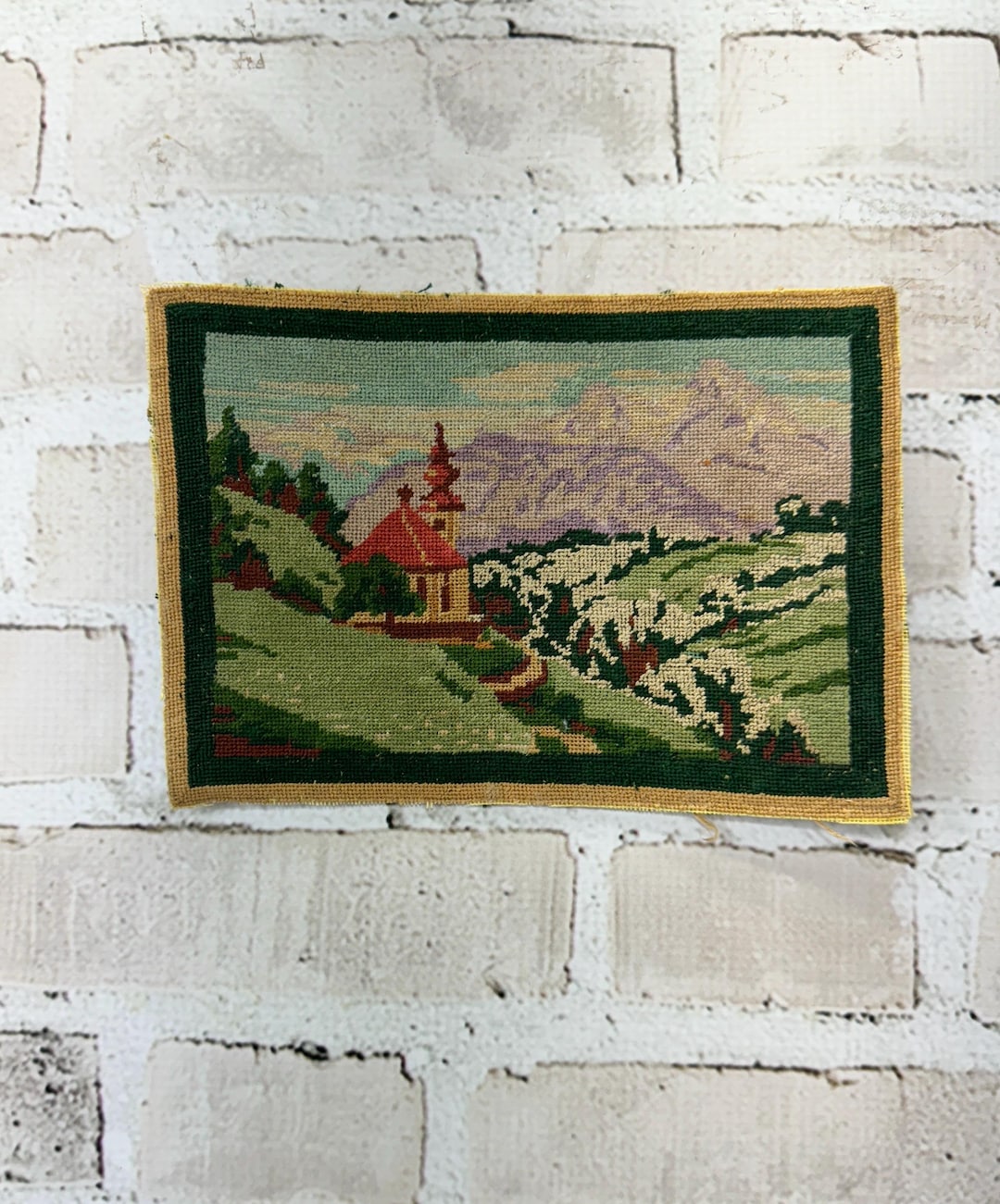 Vintage French Sampler Alpine Mountain Scene, Tapestry Landscape ...