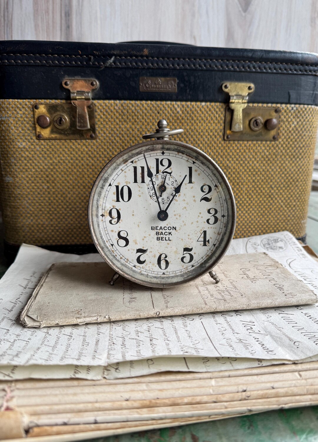 Antique Alarm Clock, Beacon Back Bell, Vintage Timepiece With Aged ...