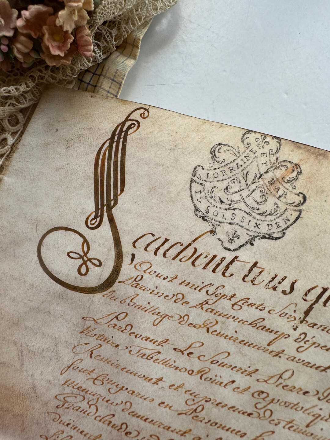 Antique Parchment 1700's French Document Handwritten With Decorative ...