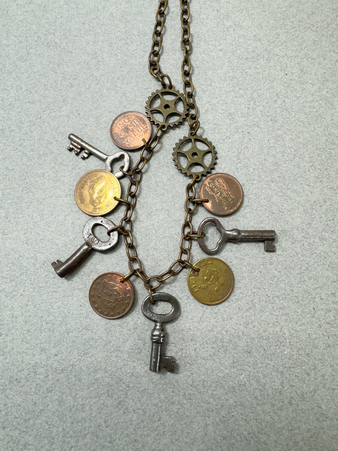 Necklace With Keys Gears Coins Tokens Mixed Media Charm Necklace ...