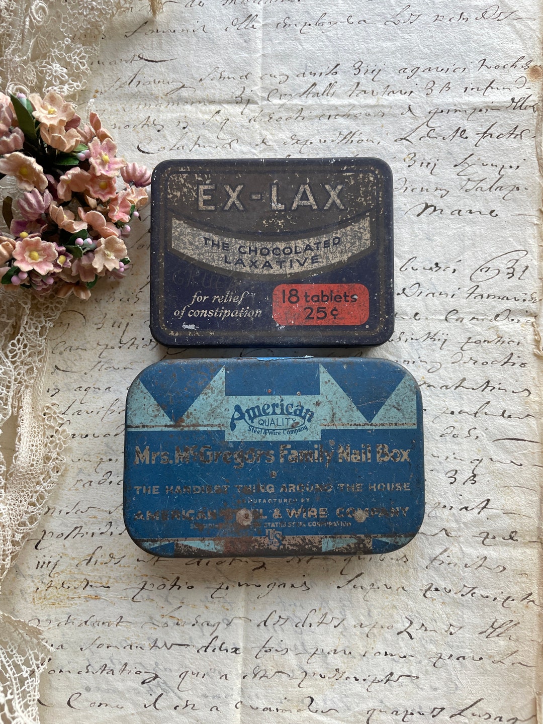 Vintage Tin Boxes- Metal Containers- Ex Lax and Nail Box Tin ...