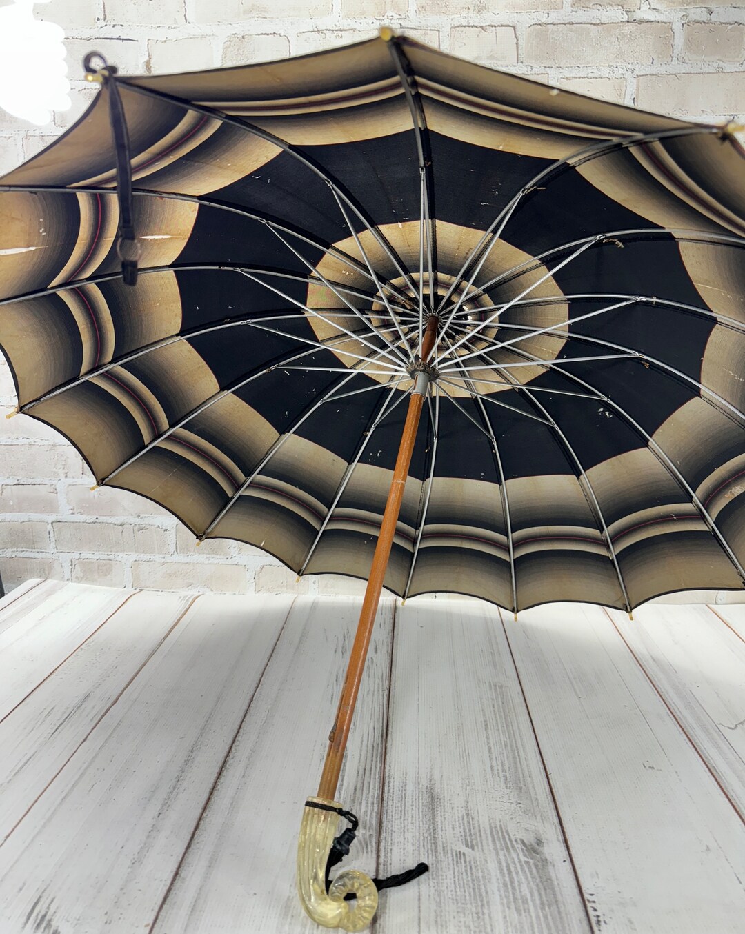Antique Parasol Umbrella Striped Fabric and Wood With Lucite Handle ...