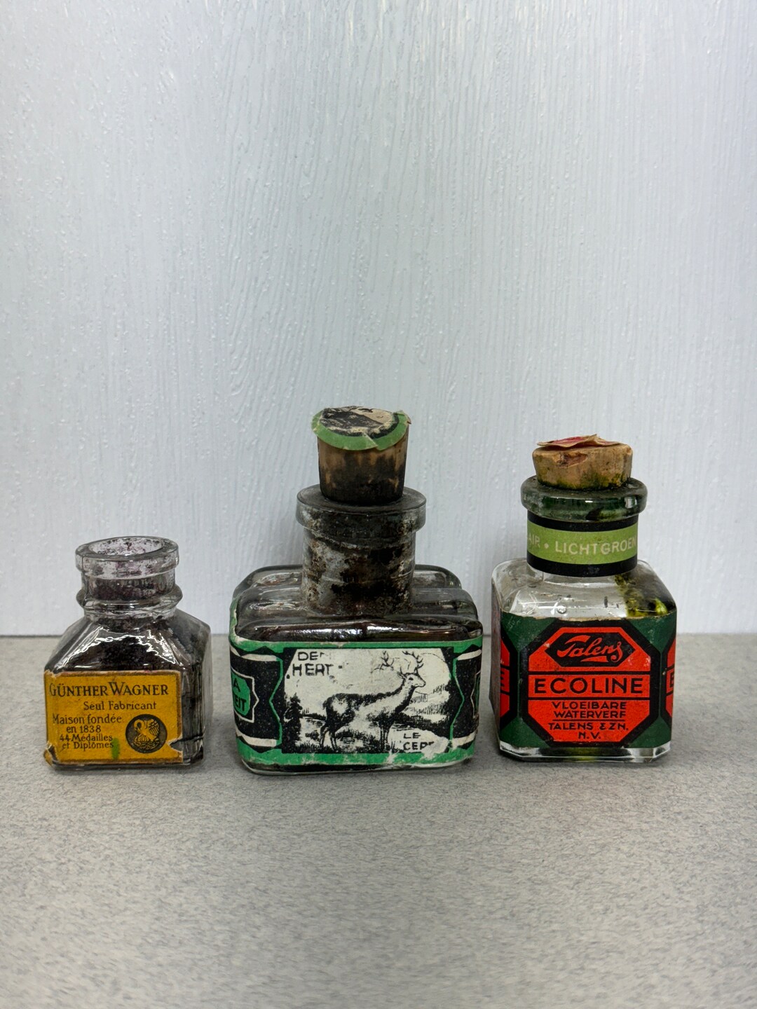 Vintage French Inkwell Bottles With Cork Tops Square Shape Vintage ...