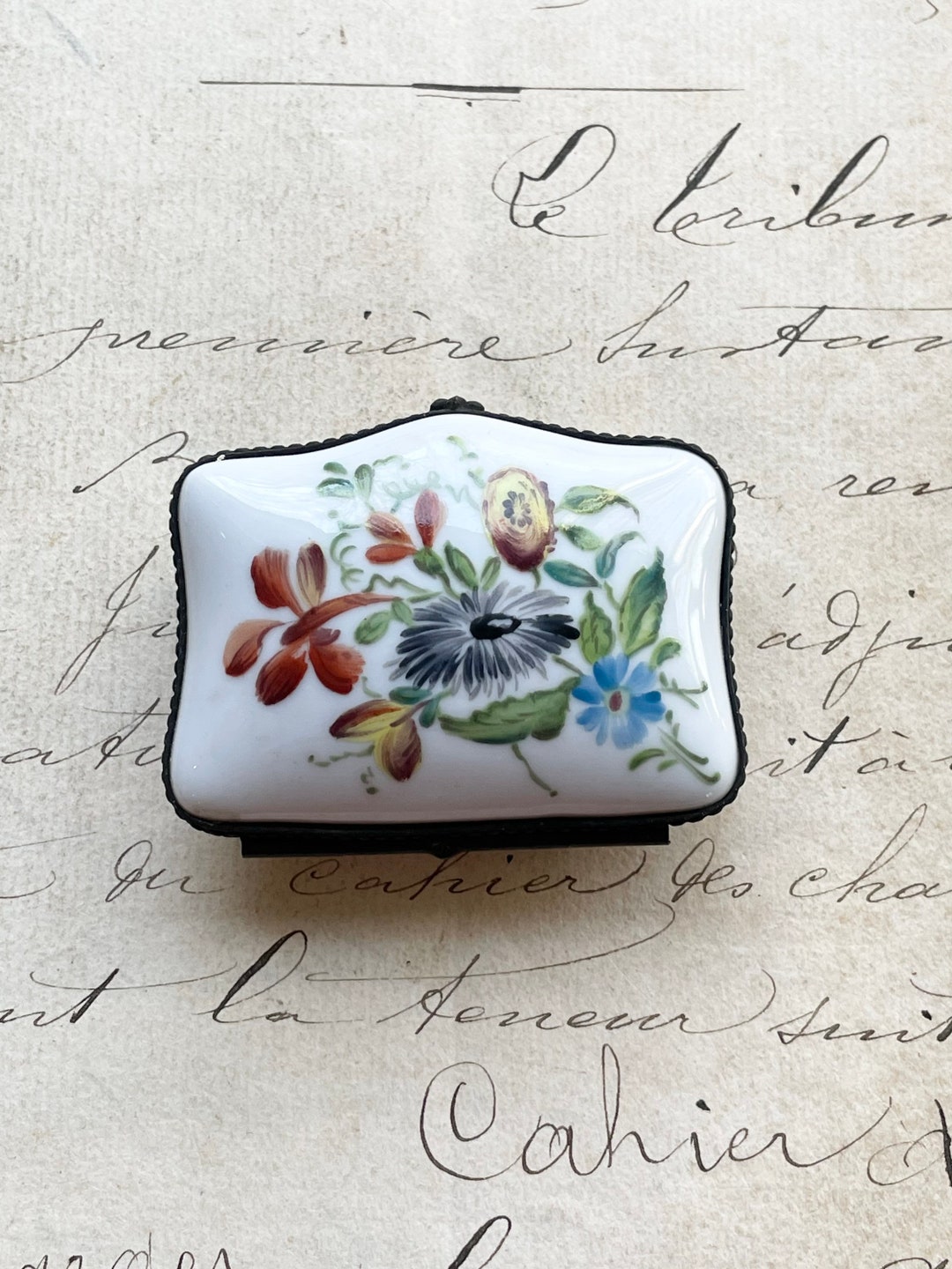 Antique Snuff Box French Porcelain Hand Painted Pill Box Small Hinged ...
