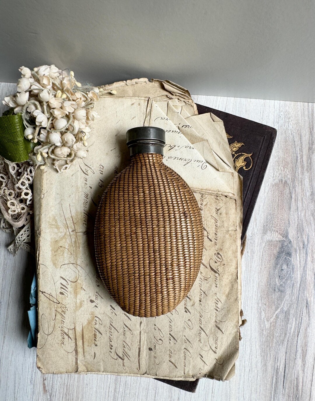 Antique Woven Flask- French Oval Hip Flask With Handwoven Basket Over ...