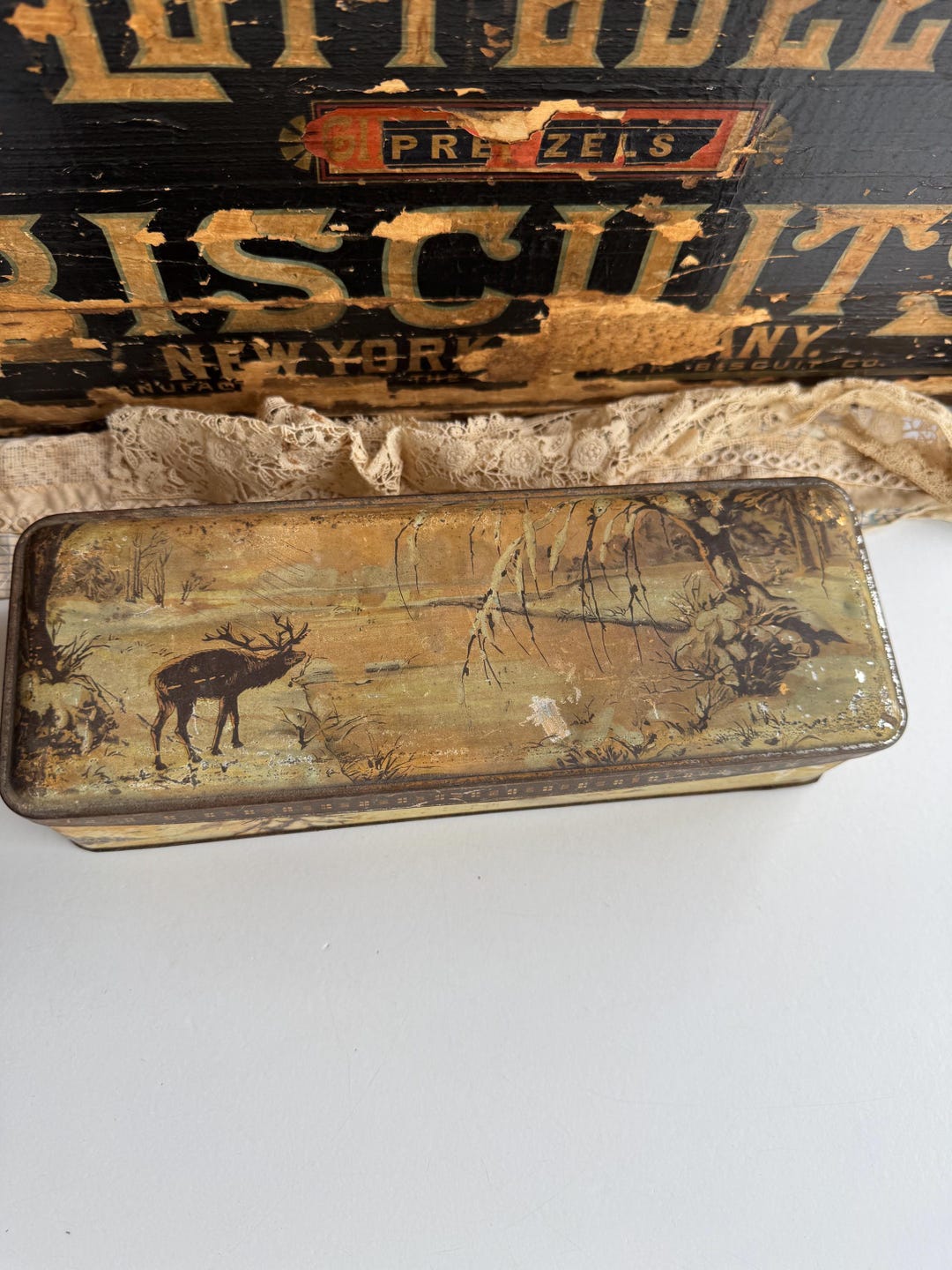 Vintage Tin Box With Stag, Oblong Shaped, Metal Container With Wildlife ...