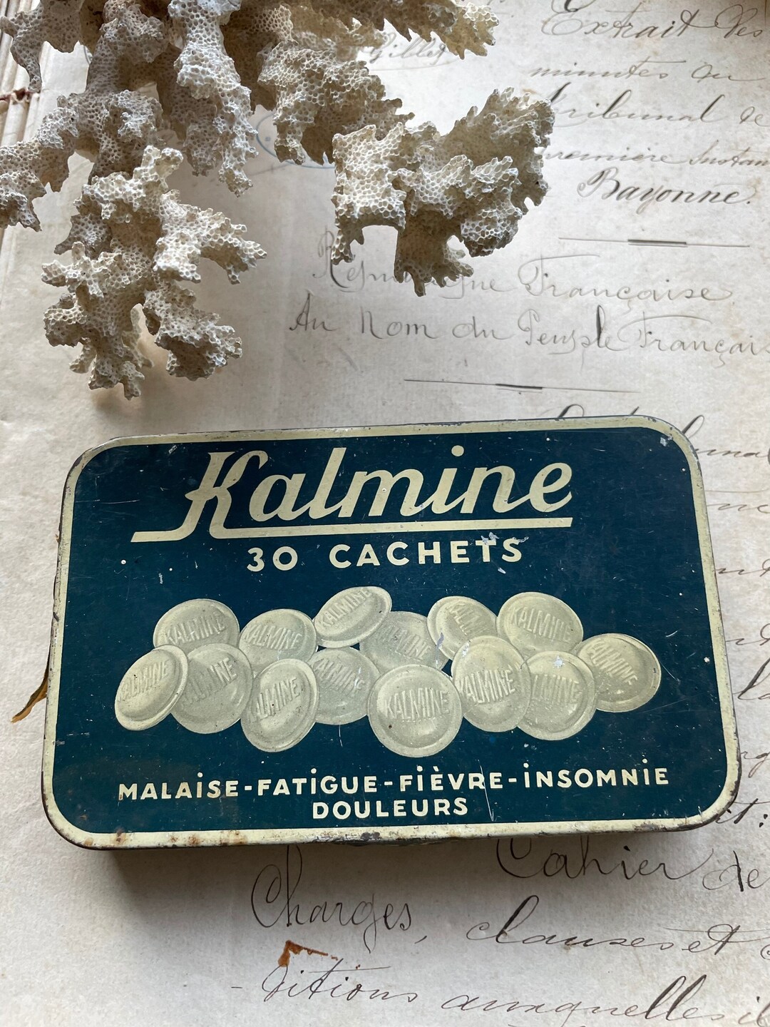 Vintage French Medicine Tin Box- Kalmine 30 Cachets- Blue Box Nice ...