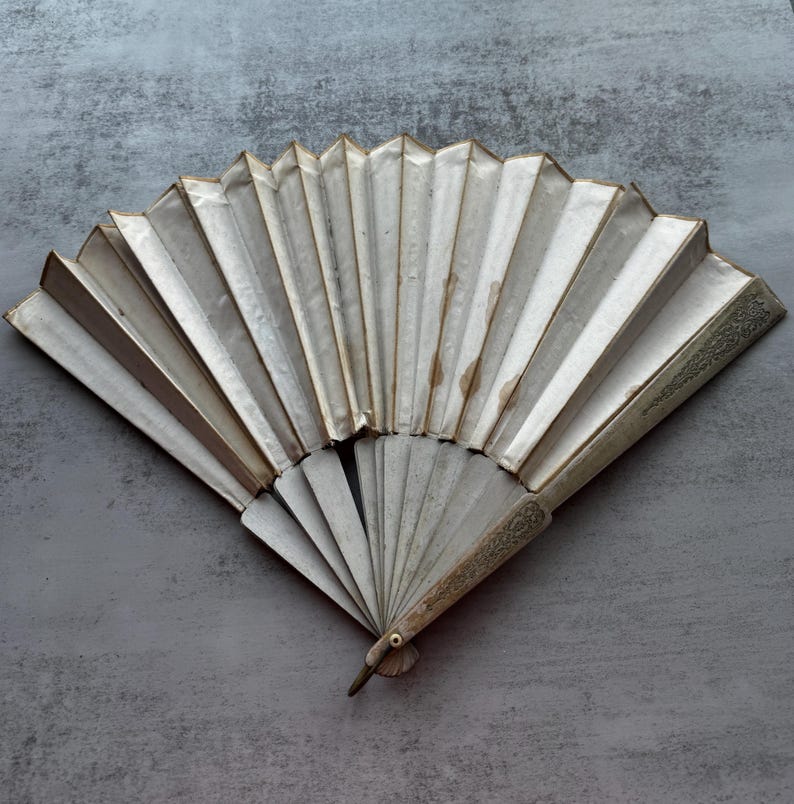 Antique Hand Painted Silk Folding Fan- Floral With Bone Guards- French ...
