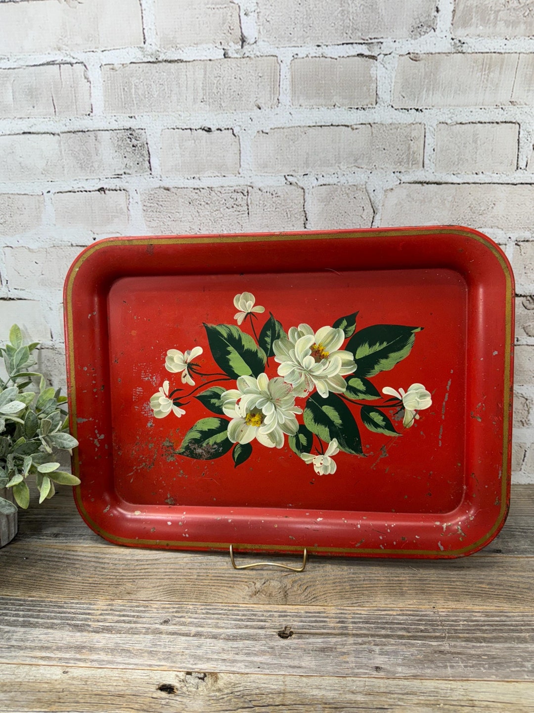 Vintage Red Tray With Hand Painted Florals Serving Tray Tole Painting ...