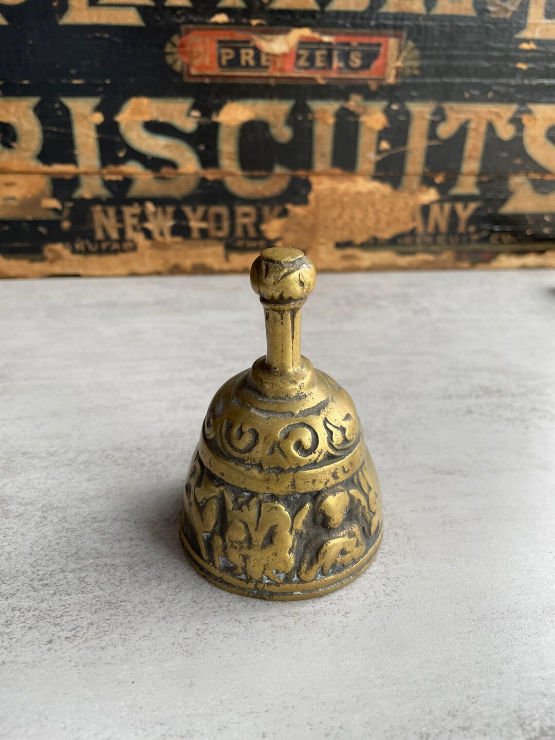 Brass Bell- Front Desk Reception Bell Embossed Design, Hand Held Dinner ...
