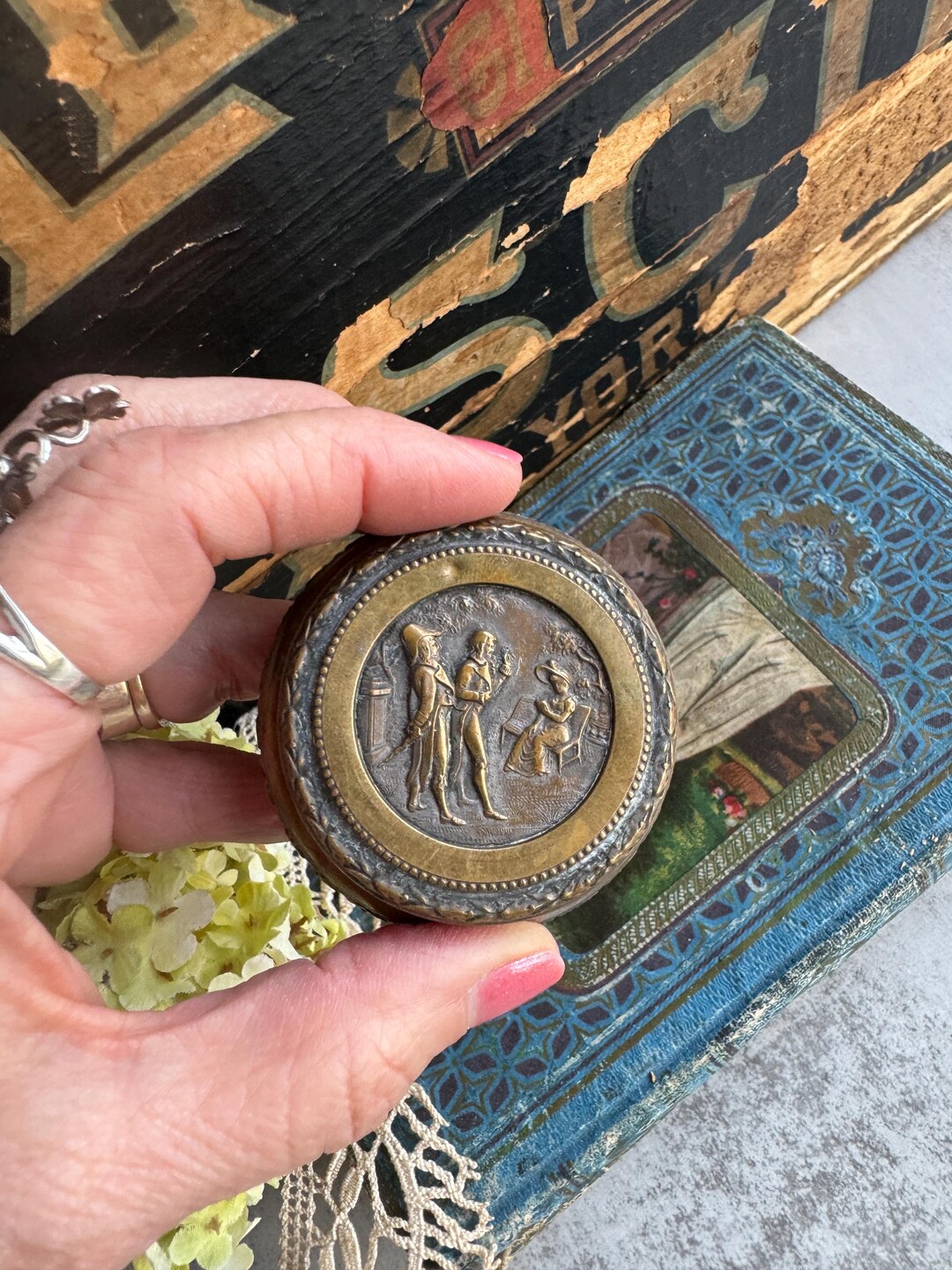 Antique French Box With Detailed Embossed Scene on Cover, Snuff Box ...