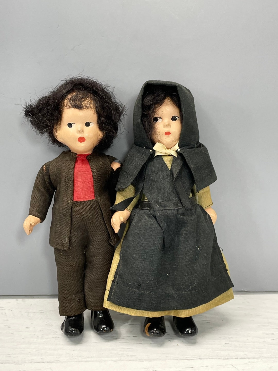 Vintage Amish Couple- Composition Dolls- Black Outfits- Painted ...