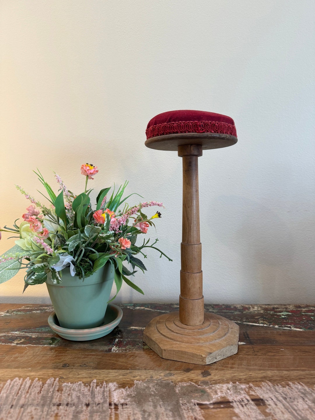 Vintage Hat Stand Red Velvet With Wooden Base Hat Display Milliner ...