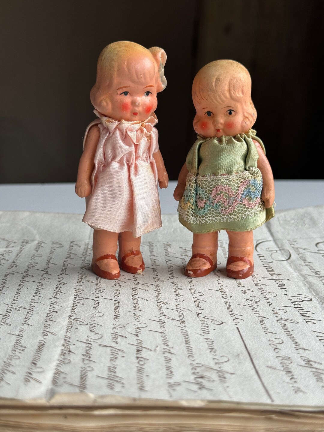 Vintage Bisque Dolls in Pastel Colored Dresses Standing Dolls- Pair ...