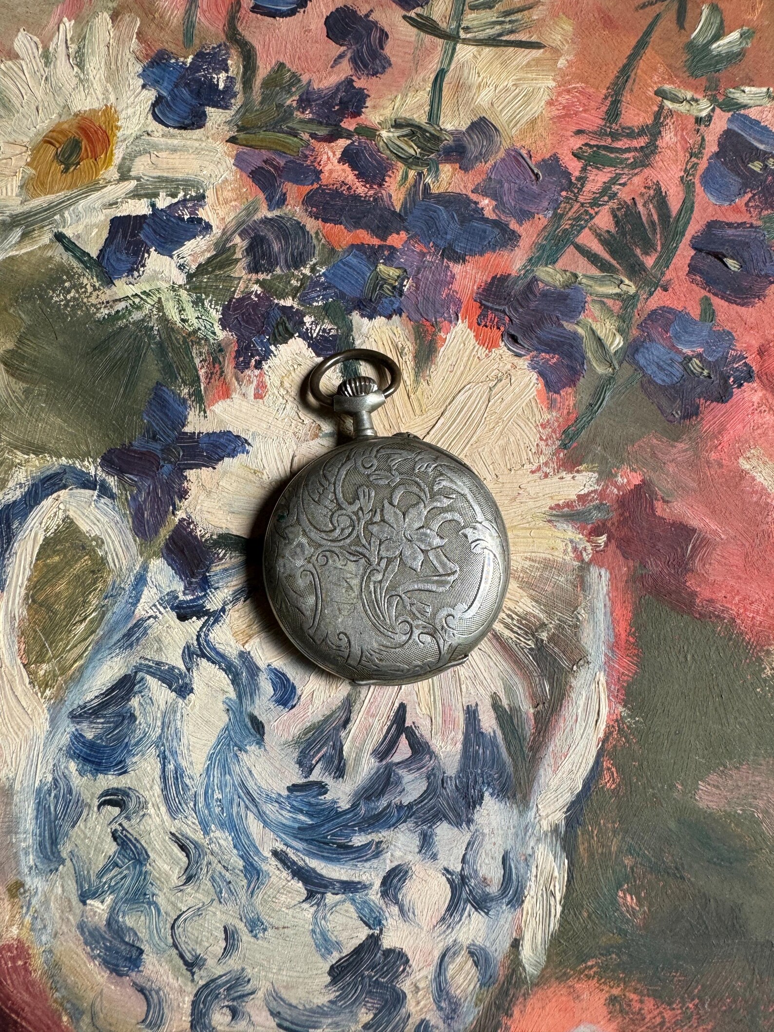 Antique French Pocket Watch in Ornate Floral Scroll Case Porcelain Face ...