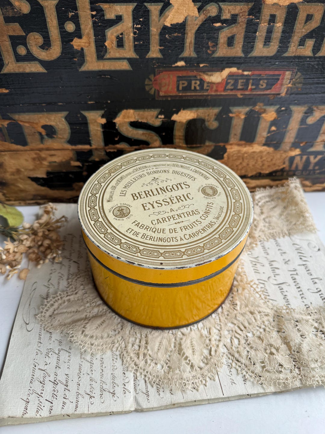 Vintage French Round Container, Provence Tin Bon Bons, Gold Color ...