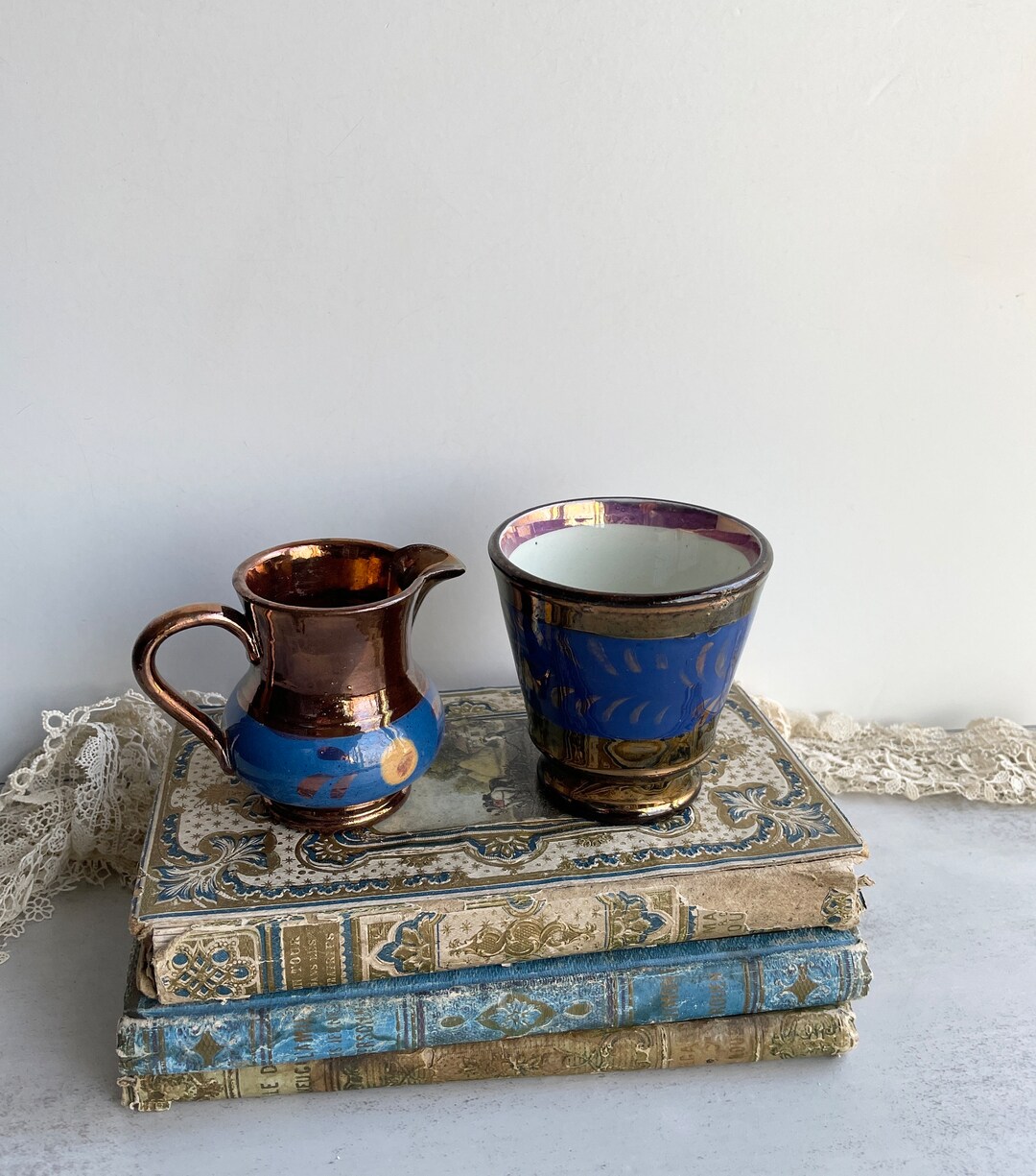 Antique Copper Lusterware Pitcher & Cup Set, Rich Blue and Metallic ...