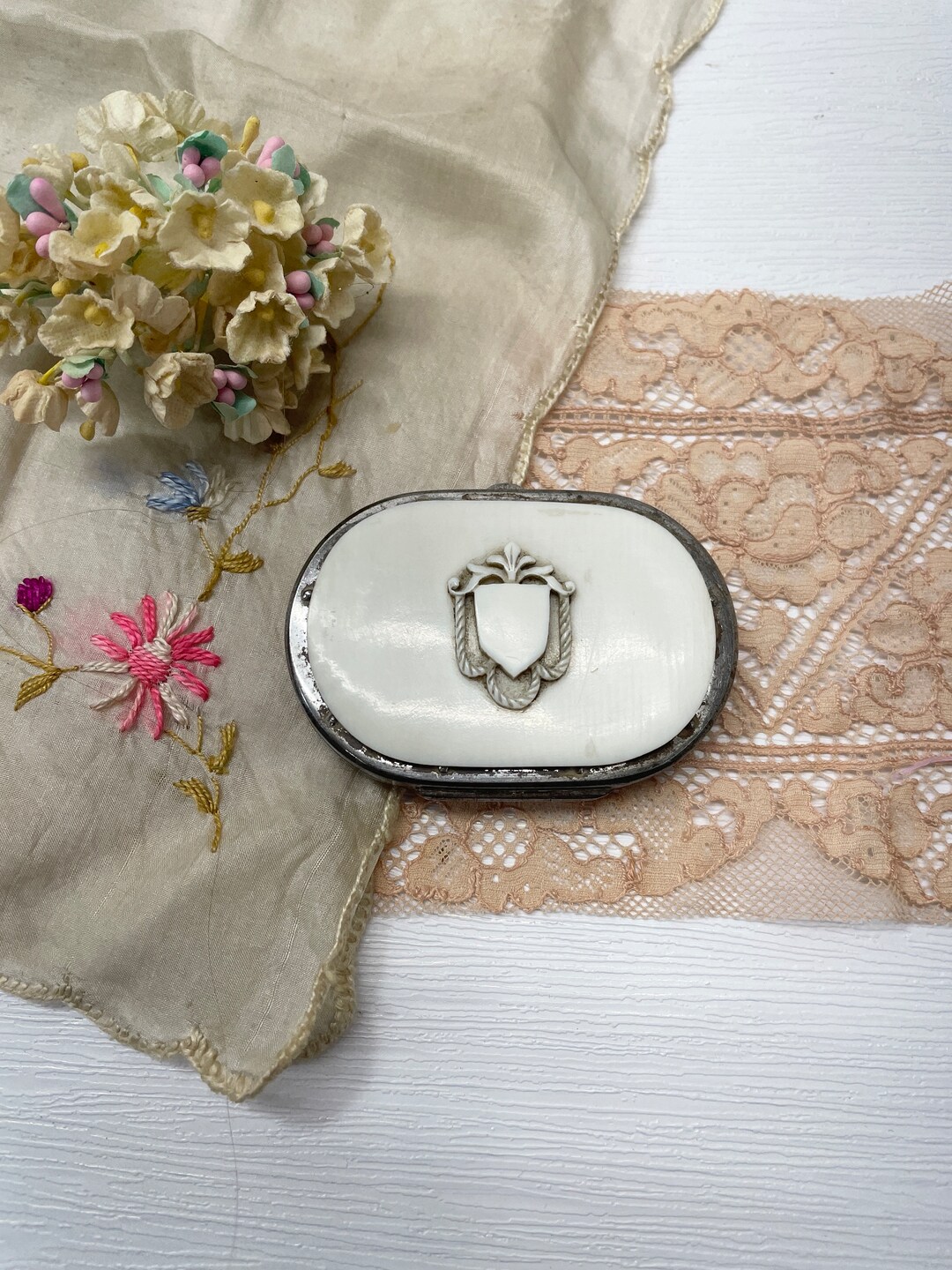 Antique French Case- Celluloid Pill Box- Hinged Snuff Container ...