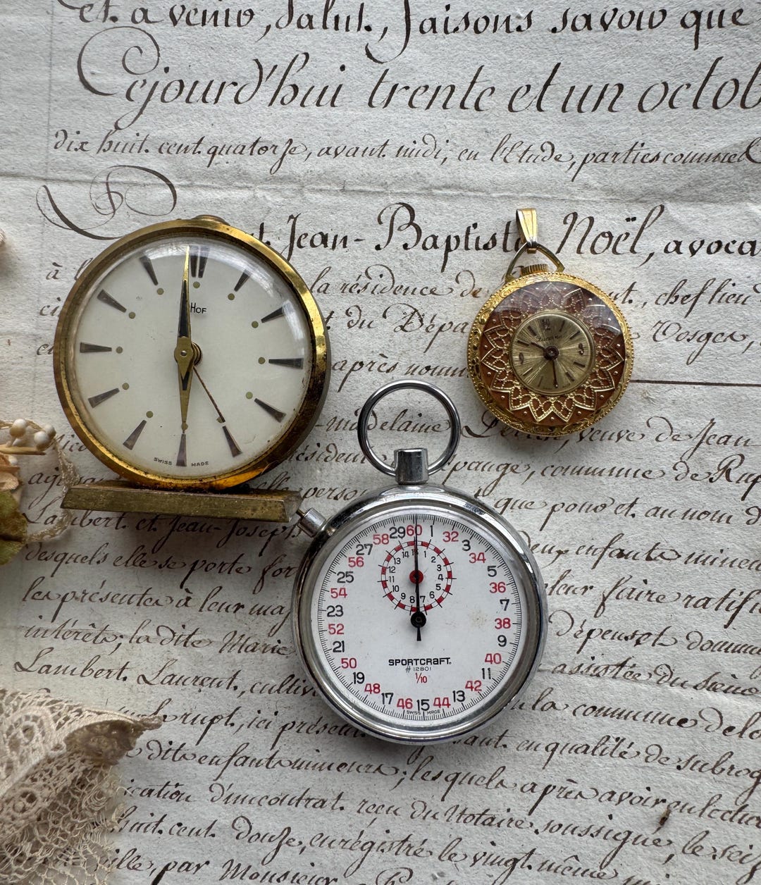 Vintage Stopwatch, Desk Clock and Gold Pocket Pendant Watch Group, Non ...