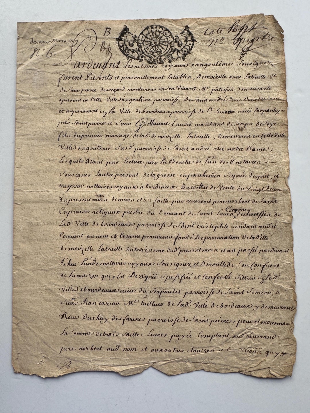 Antique 1700's French Manuscript Document Handwritten Contract With ...