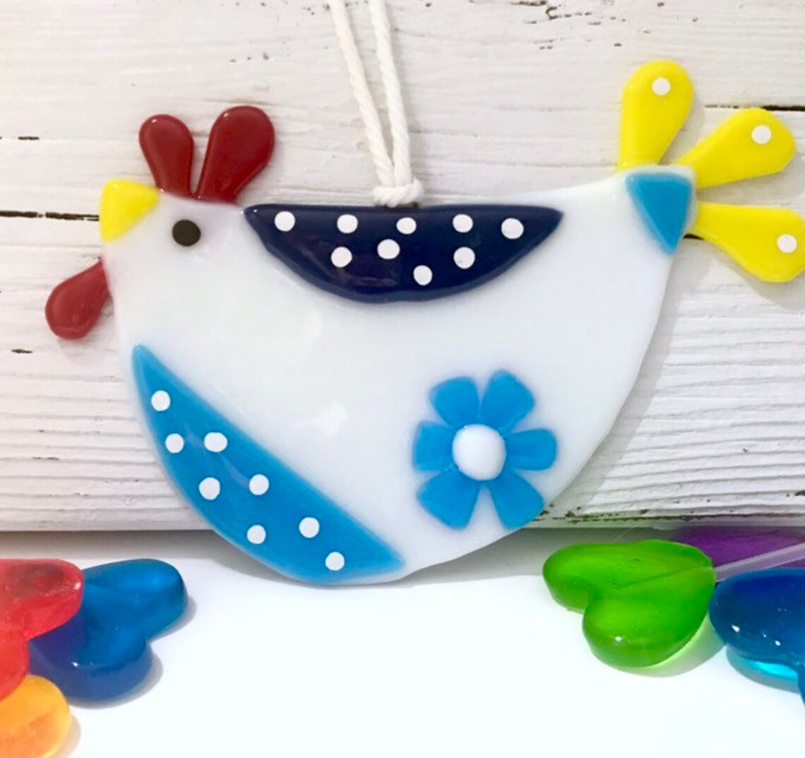 Dotty Birds Fused Glass Suncatchers-blue and Red Chicken - Etsy