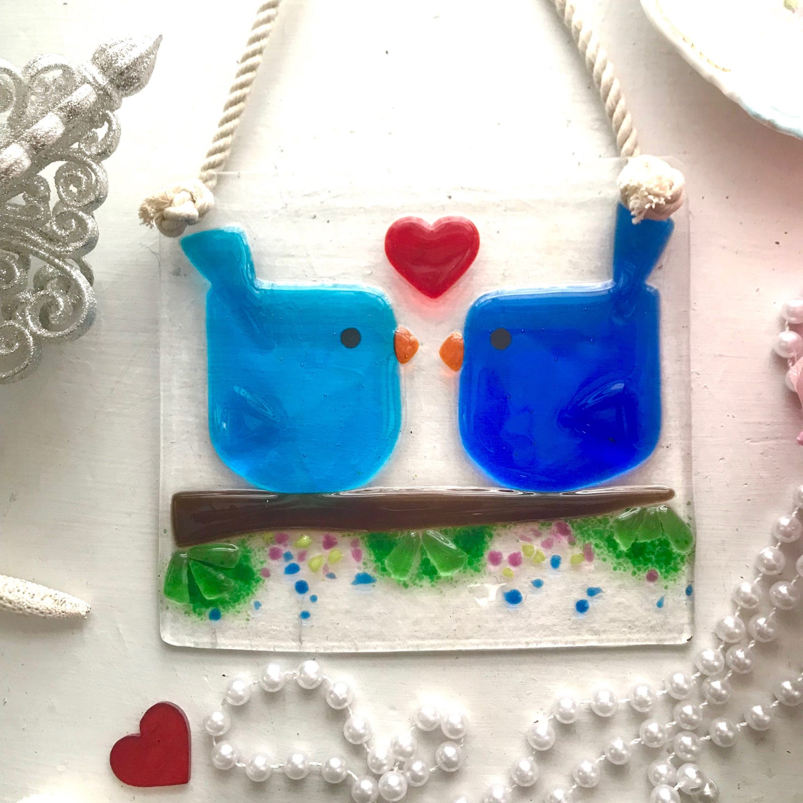 Fused Glass Love Birds Suncatcher - Etsy