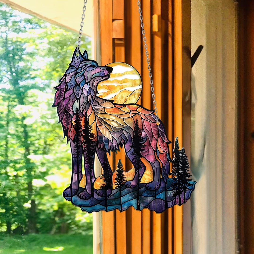 Full Body Howling Wolf With Forest Silhouette Acrylic Window Hanging 2D ...