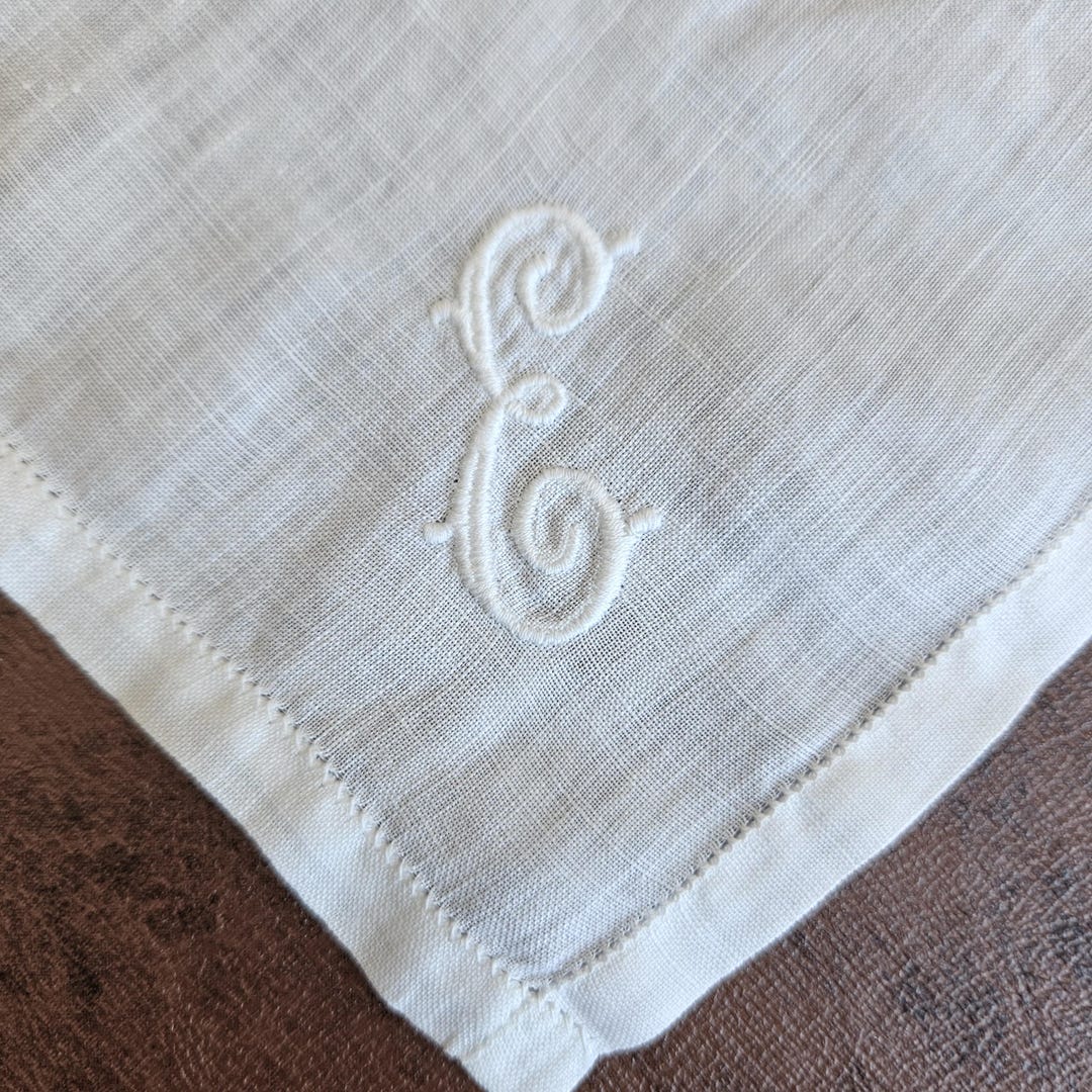 Men's E Monogrammed Handkerchief, Hand Embroidered Soft White Linen 1/2 Hemstitched Hems, 15 ...