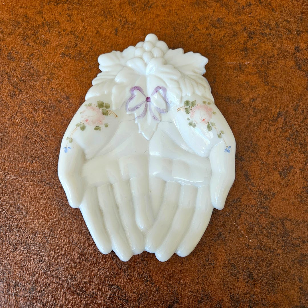 Westmoreland Ribbon & Roses Open Hands Hand Painted White Milk Glass ...