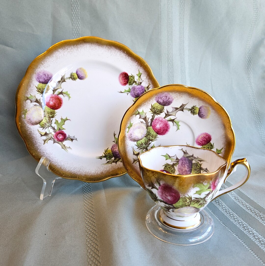 Queen Anne Dundee Thistle Trio Teacup, Saucer, and 8 3/8 Plate With ...