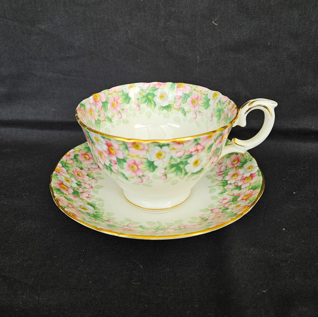 Oversized Coffee or Teacup & Saucer, Crown Staffordshire Blossom ...