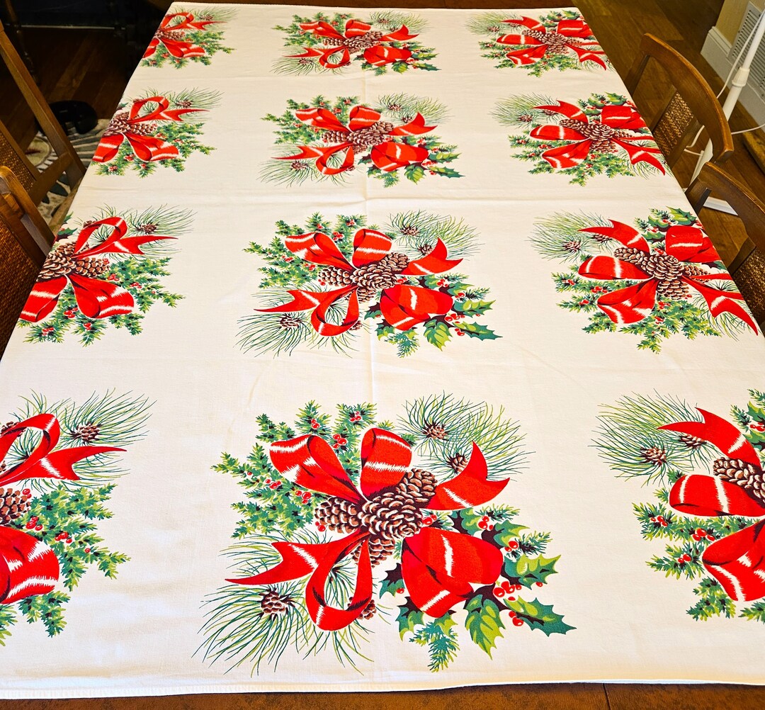 Christmas Ribbons & Pine Cones Tablecloth 62 X 63 Vivid Colors, No ...