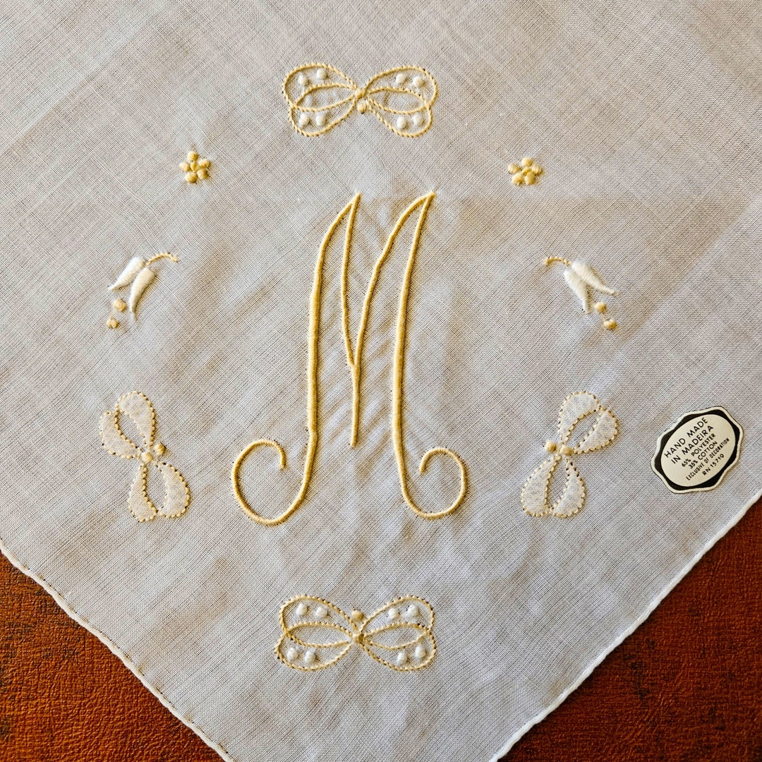 Madeira M Monogram Wedding Handkerchief Hanky, Yellow & White Hand ...